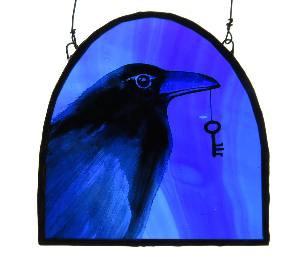 Crow & Key (Large Blue) - Stained Glass Panel by Debra Eden – Obsidian Art
