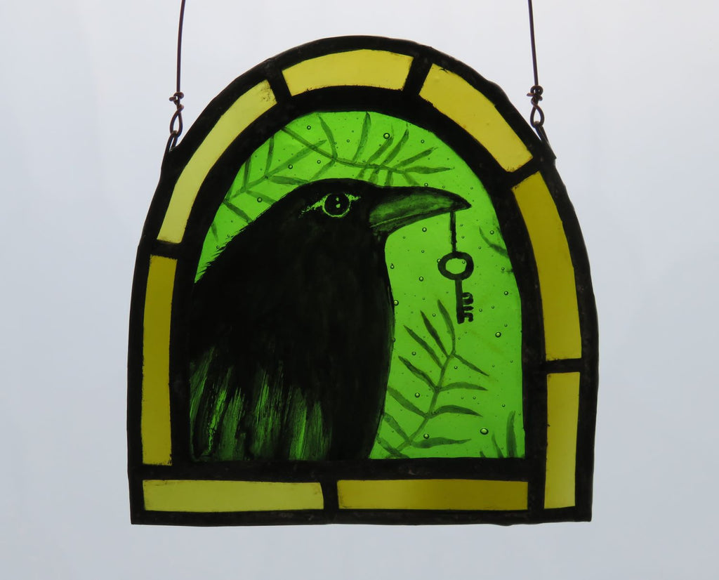 Crow and Key with Leaves - Stained Glass Panel by Debra Eden – Obsidian Art