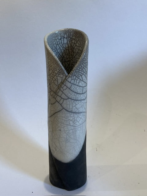 Tall White Crackle Raku Vase by Fin Orrom Carr – Obsidian Art