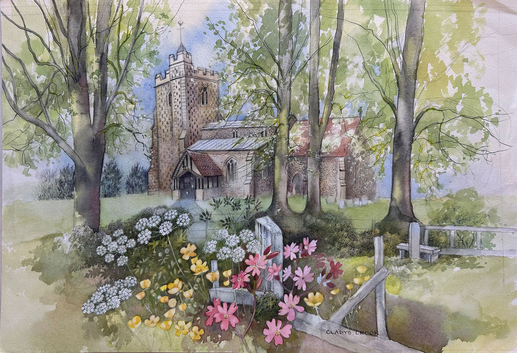 Puttenham Church - original painting by Gladys Crook – Obsidian Art