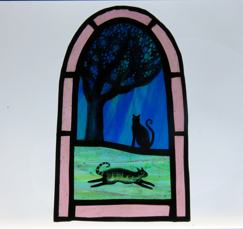 Cats Under a Tree - stained glass panel by Debra Eden – Obsidian Art