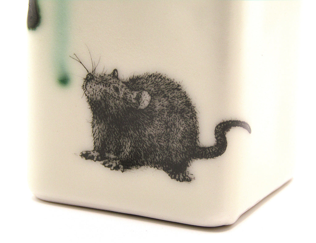 Porcelain Square Flask with Rat design by Jillian Riley – Obsidian Art