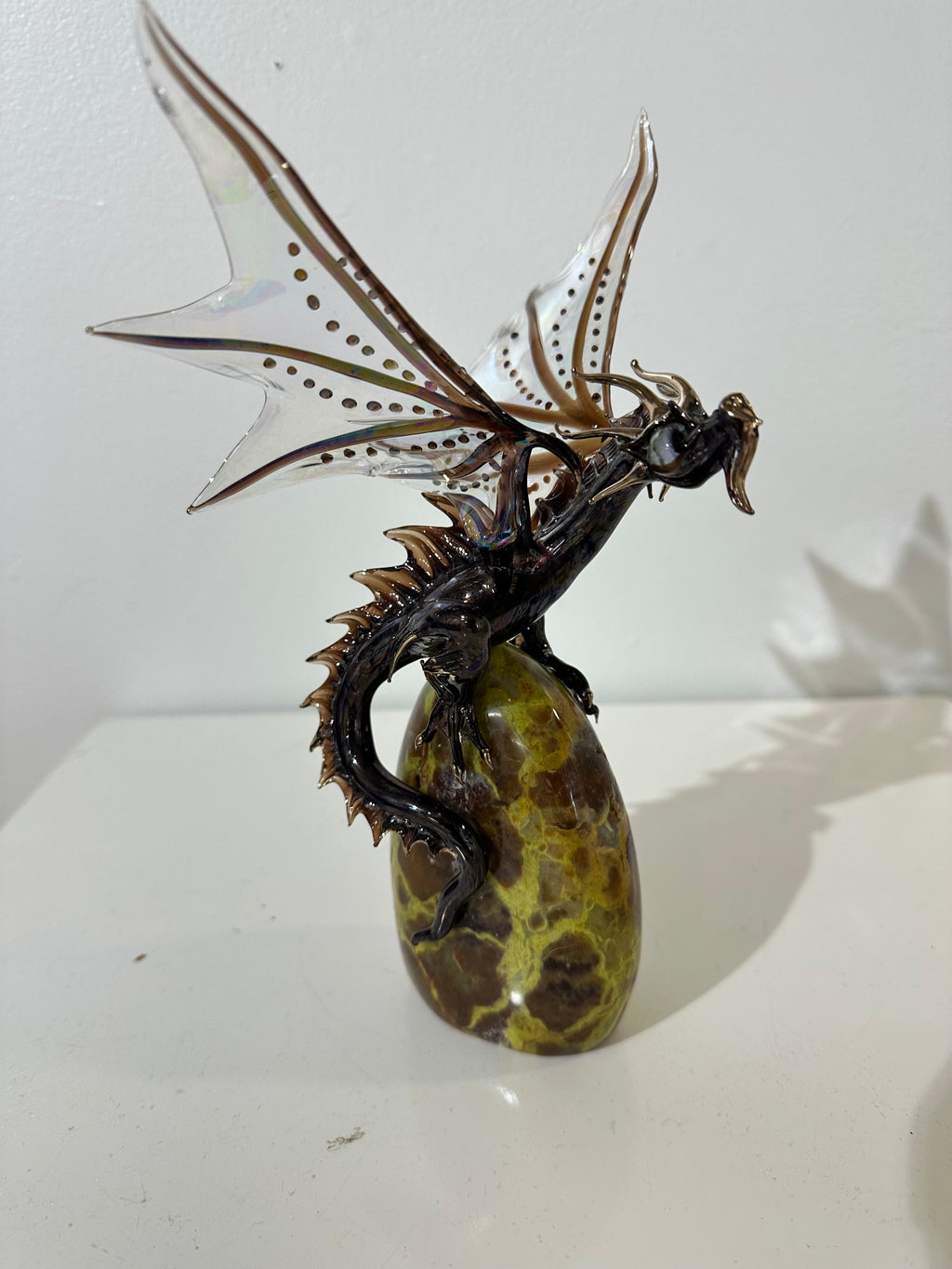 Brown/Amber Glass Dragon Sculpture on Quartz by Sandra Young – Obsidian Art