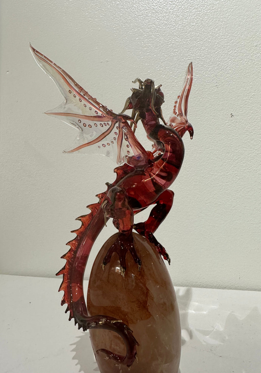 Brown/Amber Glass Dragon Sculpture on Quartz by Sandra Young – Obsidian Art