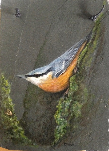 Nuthatch with Moth - Painting on Slate – Obsidian Art