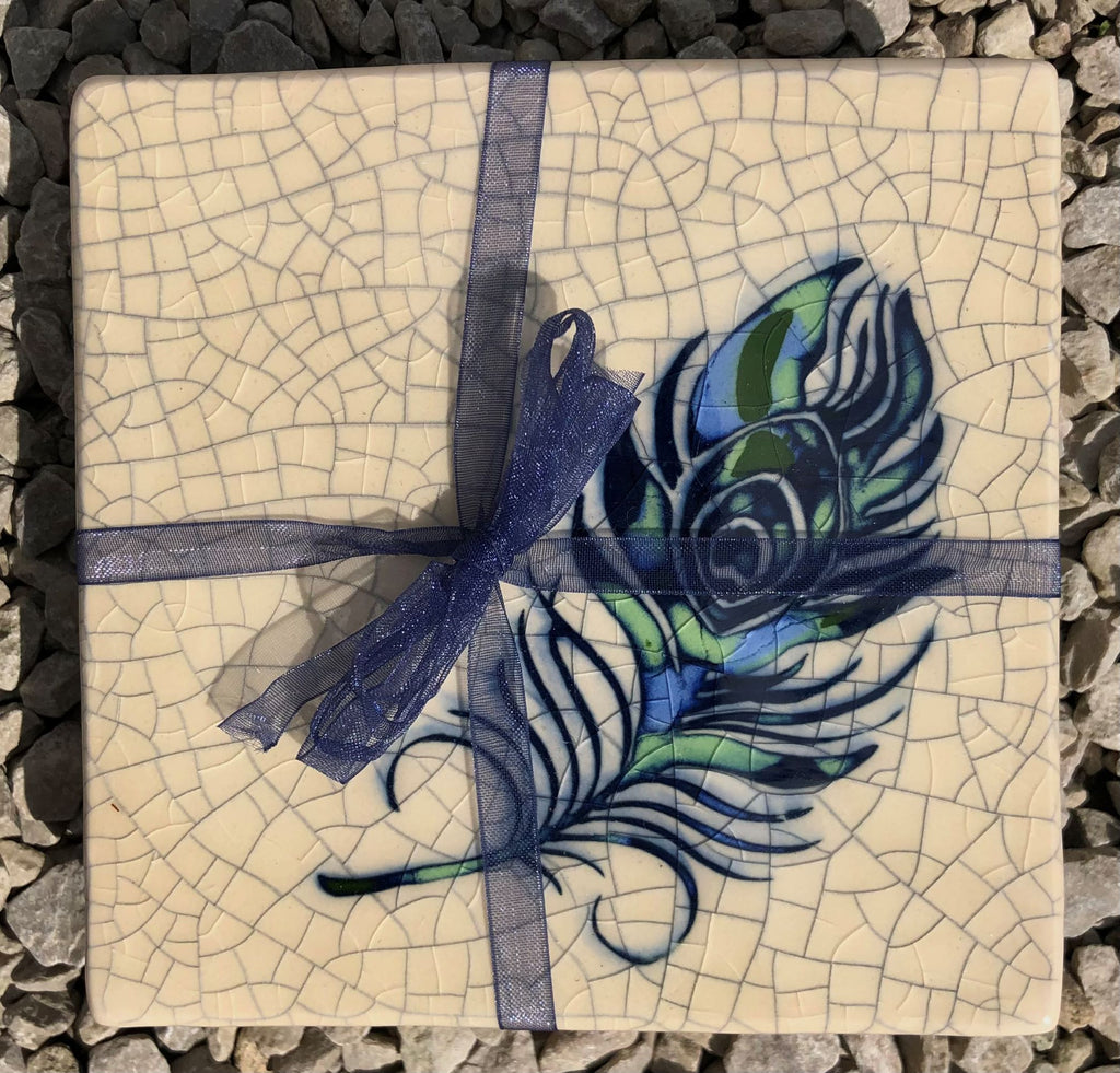 Set of Two Large Ceramic Peacock Feather Coasters – Obsidian Art